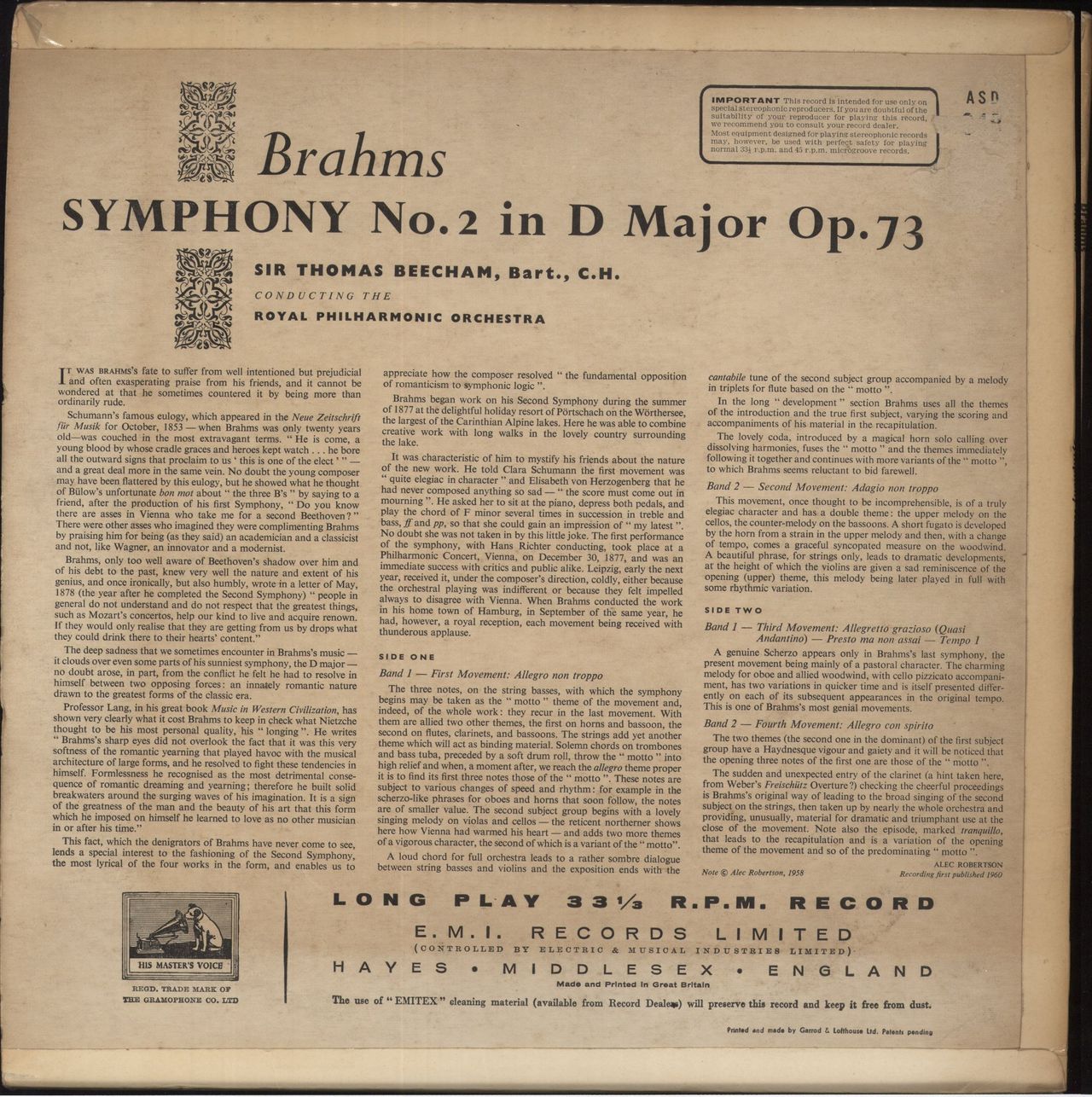 Johannes Brahms Symphony No. 2 in D Major, Op.73 - EX UK Vinyl LP — RareVinyl.com