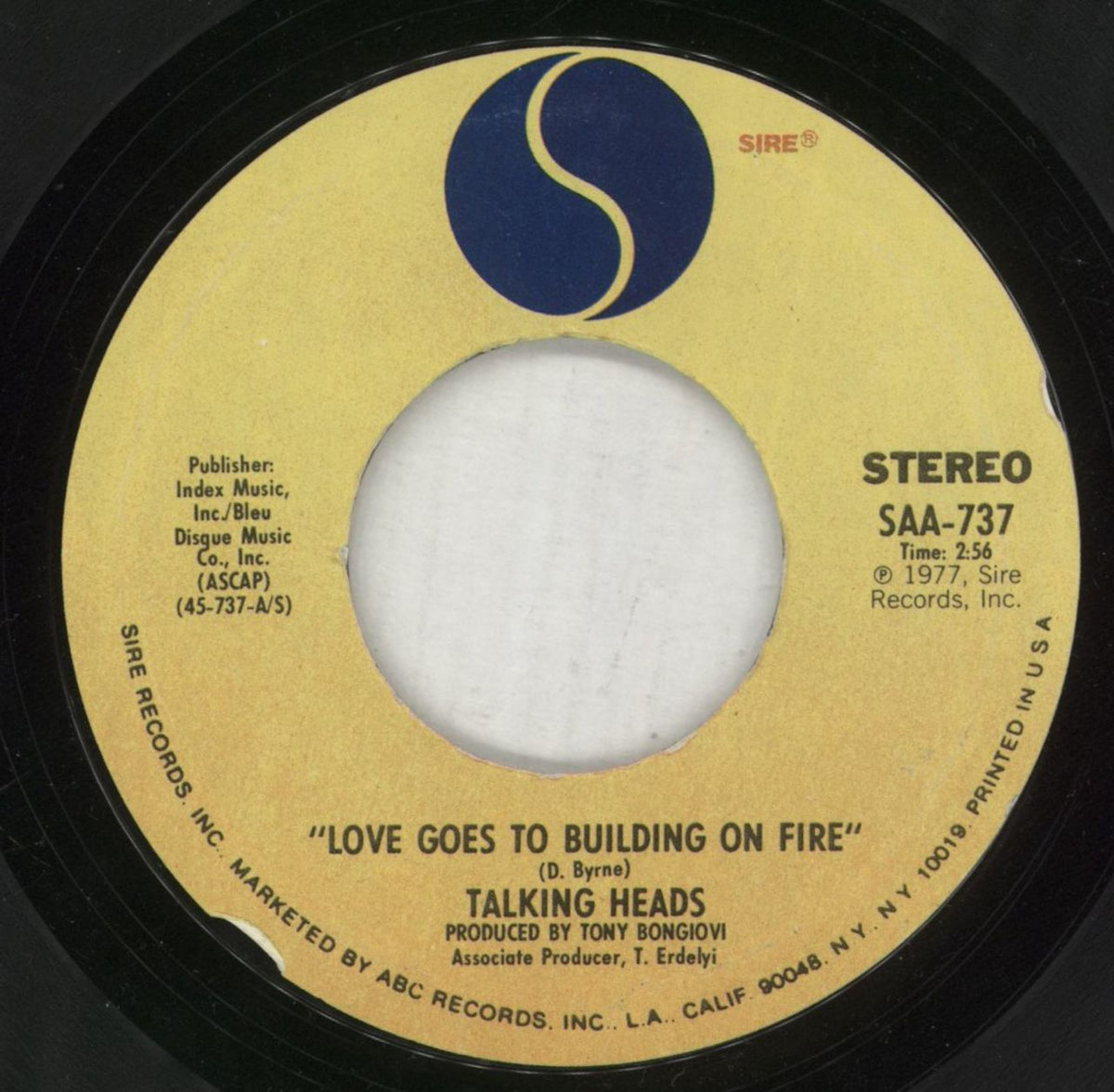Talking Heads Love Goes To Building On Fire US 7" vinyl — RareVinyl.com
