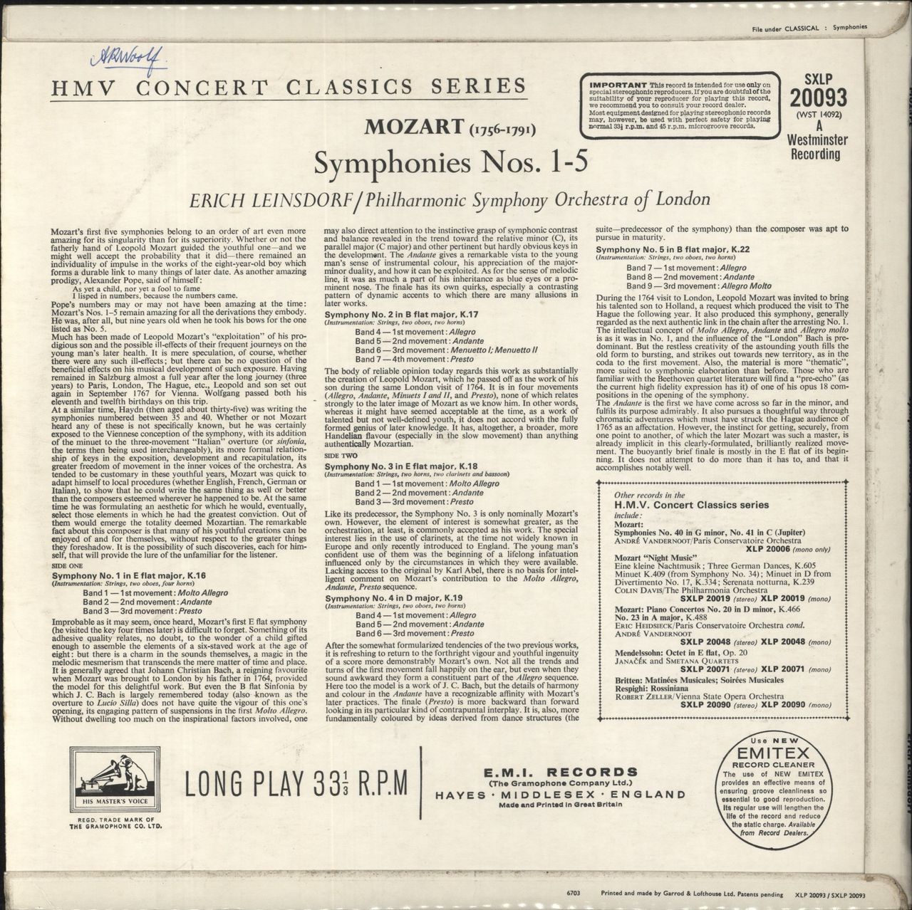 Wolfgang Amadeus Mozart Mozart: Symphonies Nos. 1-5 UK Vinyl LP — RareVinyl.com