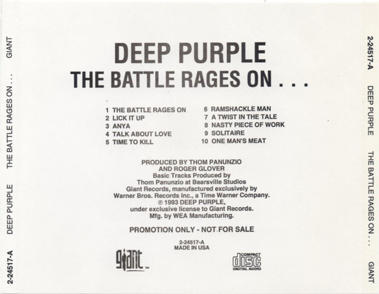 Deep Purple The Battle Rages On US Promo CD album — RareVinyl.com