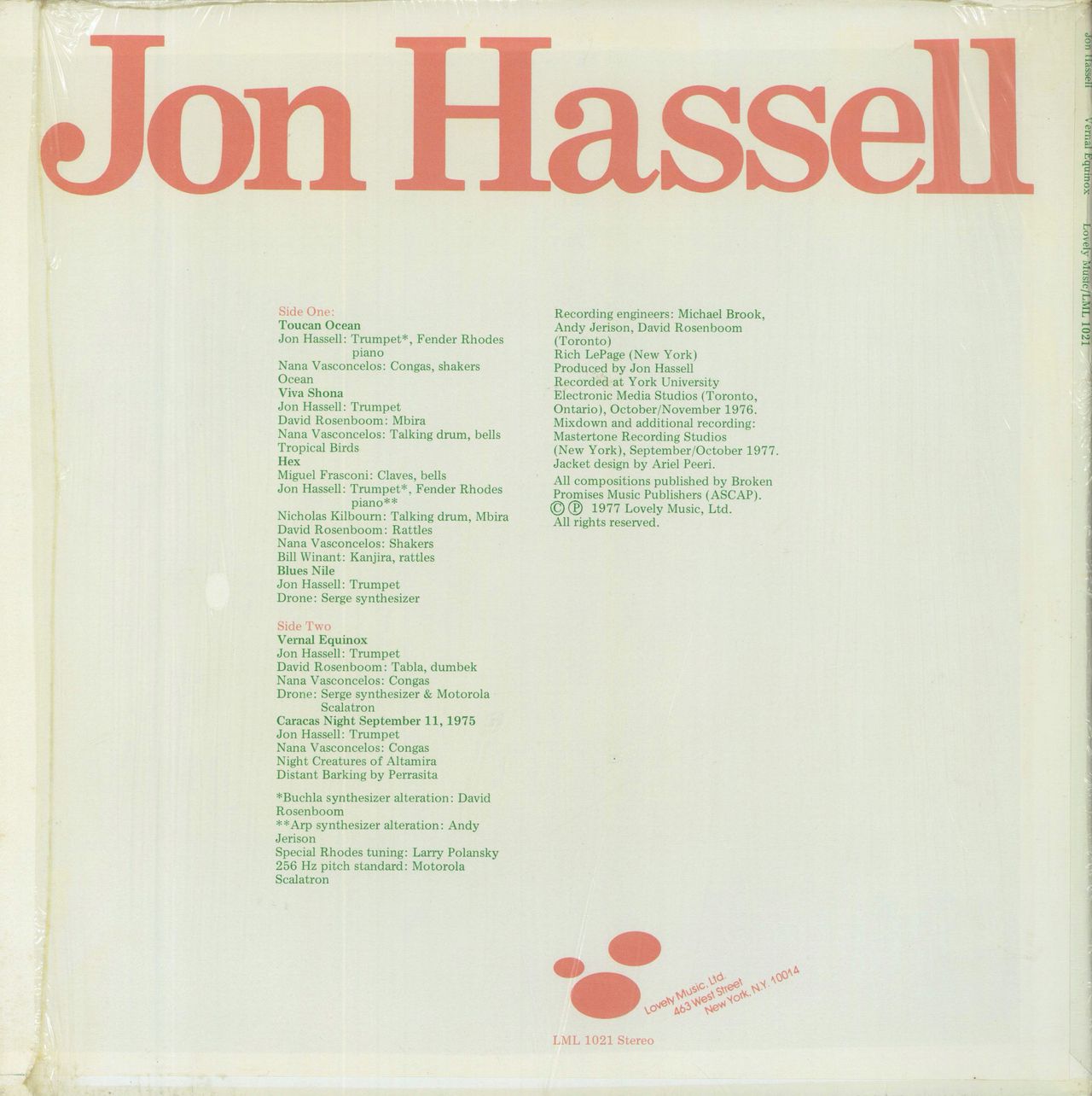 Jon Hassell Vernal Equinox US Vinyl LP — RareVinyl.com