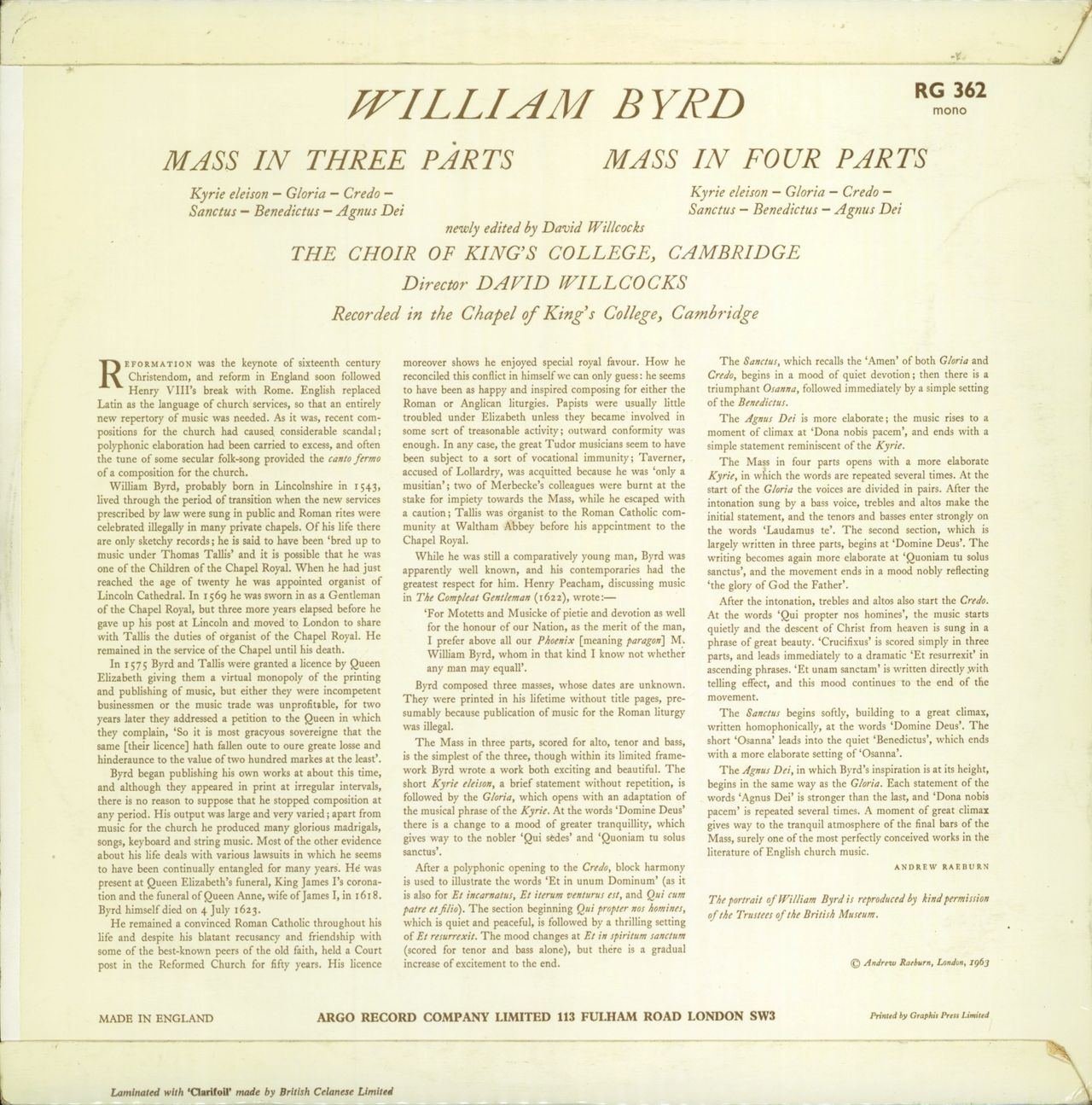 The Choir Of King's College, Cambridge William Byrd: Mass in Three Par — RareVinyl.com